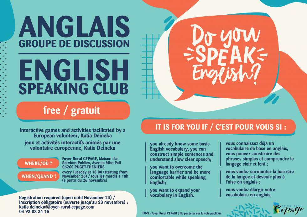 ANNONCE : Groupe de discussion en anglais - Foyer Rural Cépage
